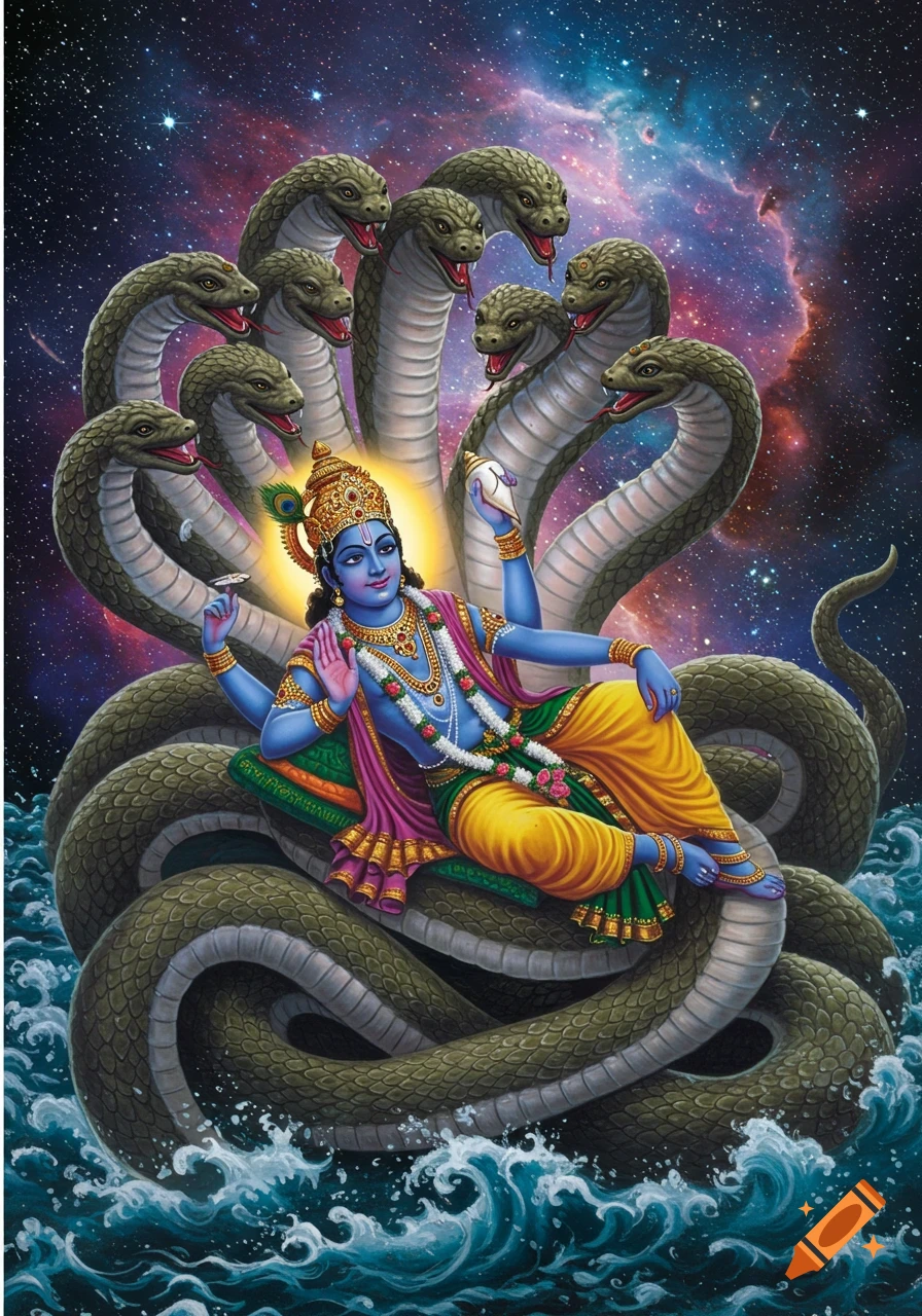 Vishnu reclines on the seven-headed serpent Sheshnaag in the cosmic ...
