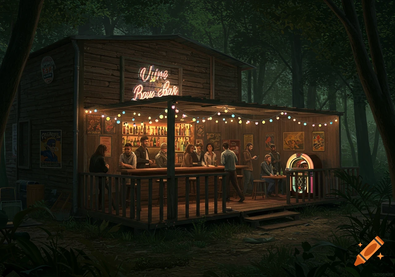 A rustic bar lit by neon and string lights in a forest clearing with ...