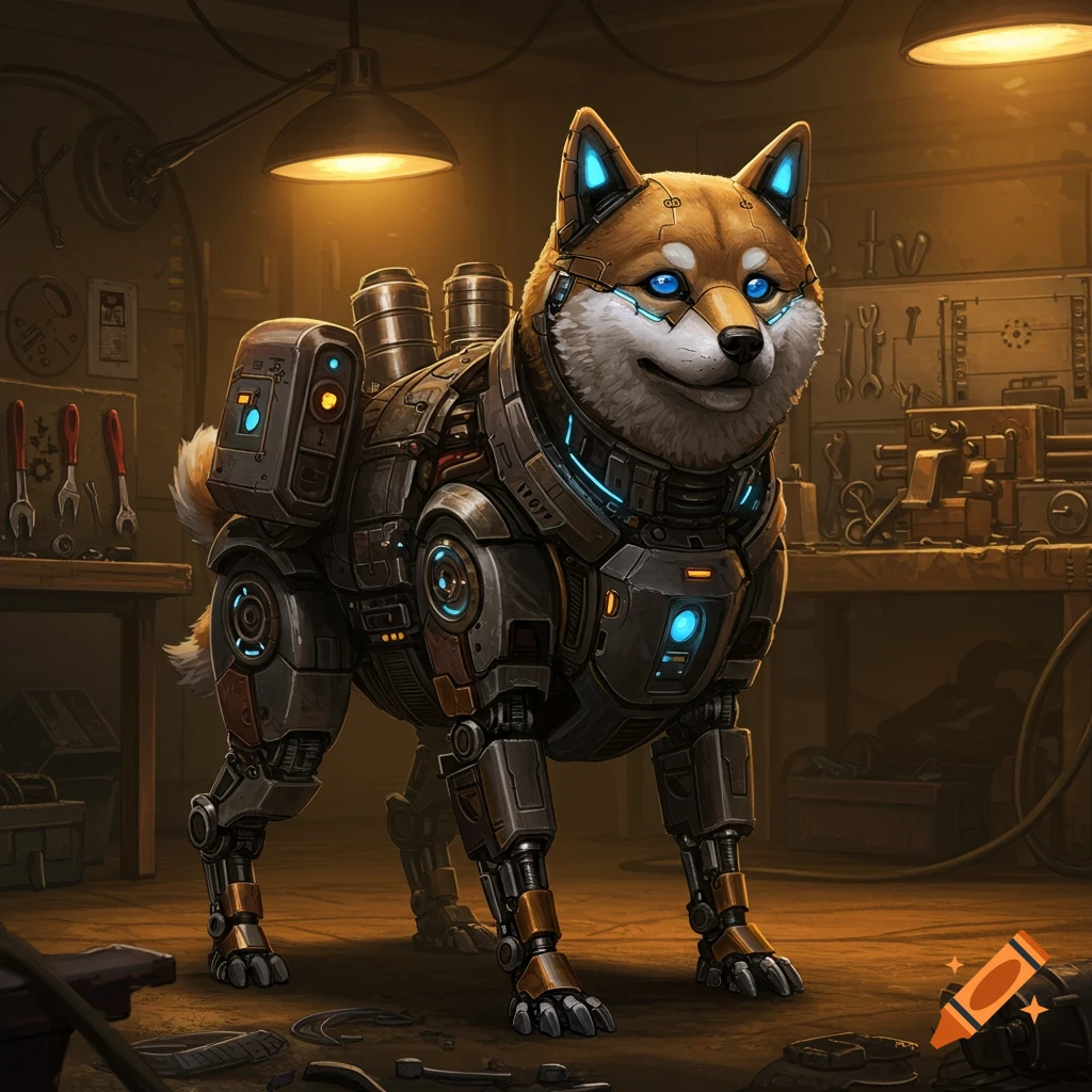 A robot Shiba Inu dog in a detailed metal suit stands in a workshop. on Craiyon