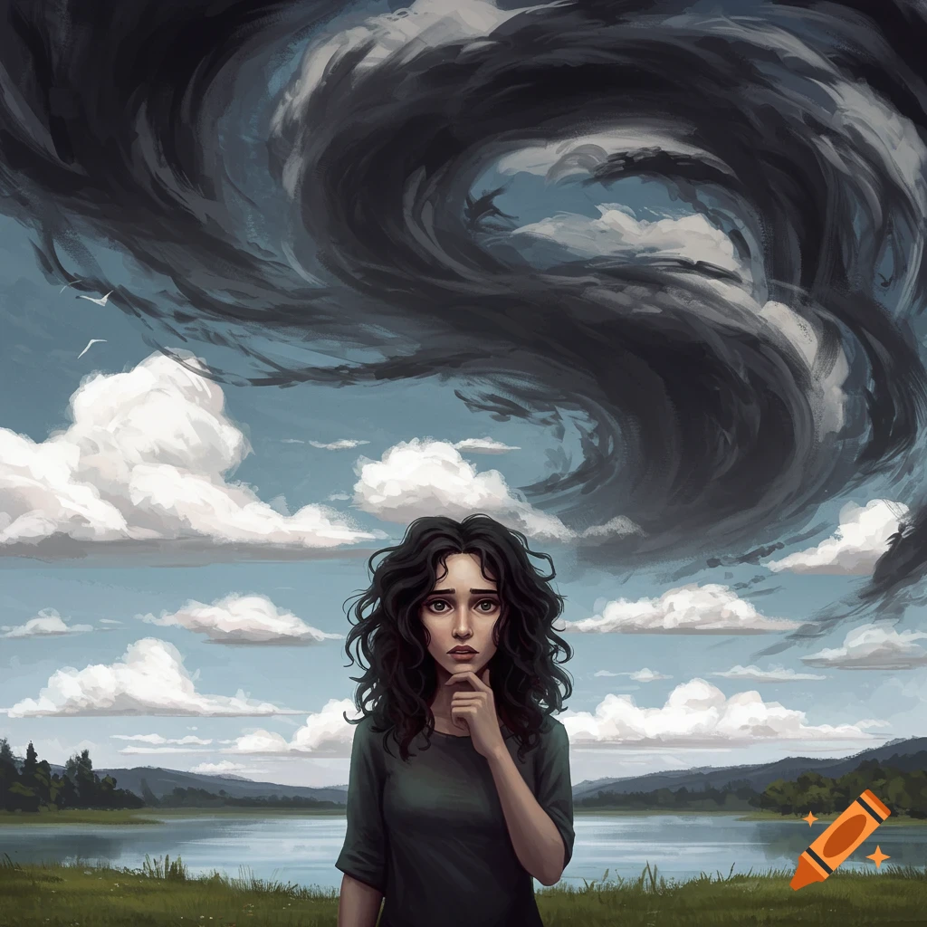 An anxious woman stands under a swirling dark storm cloud, with a ...