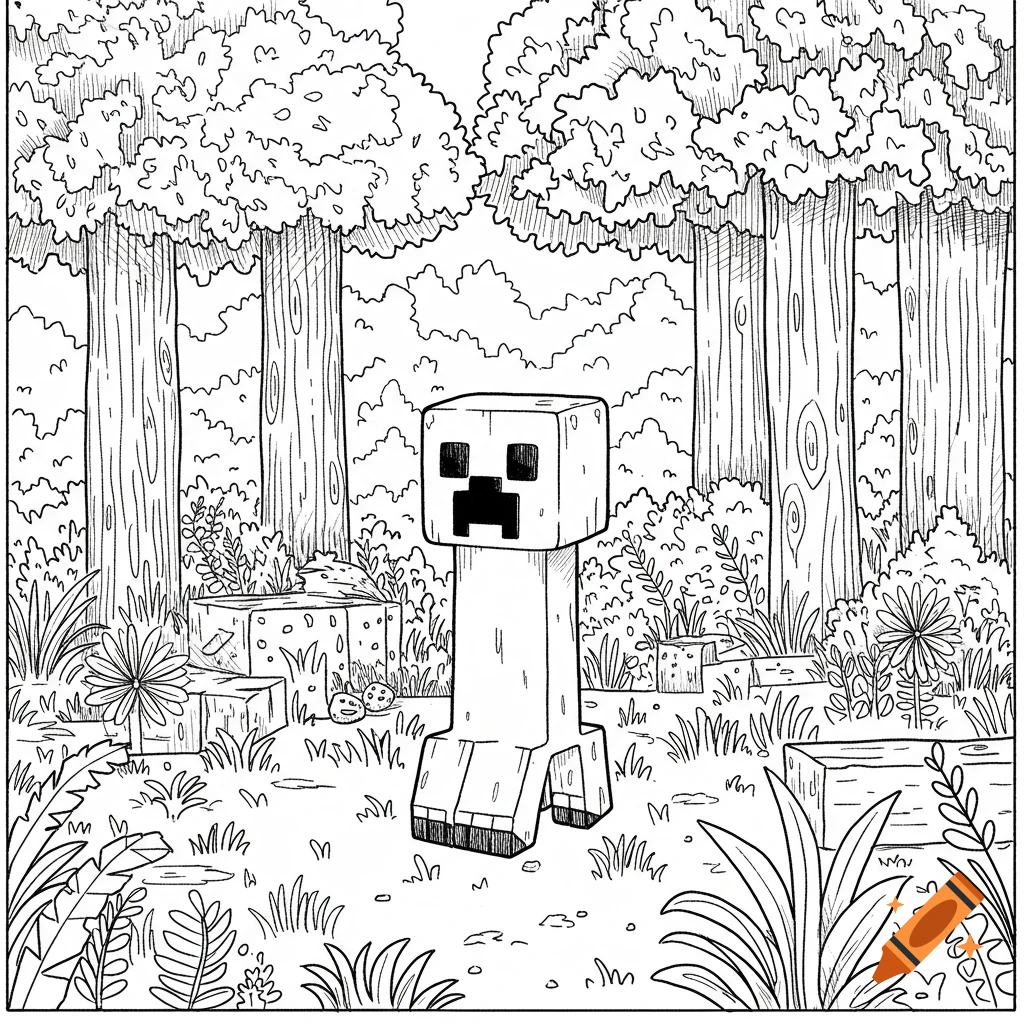 Black and white outline drawing of a Minecraft creeper standing in a ...