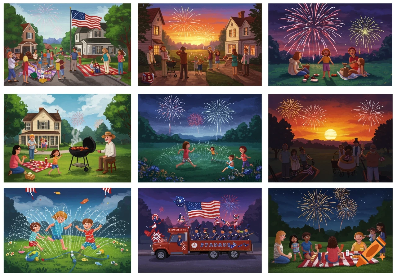 Illustration grid showing people celebrating the 4th of July with ...