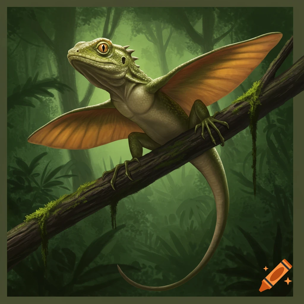 Illustration of a green flying lizard perched on a branch in a forest ...