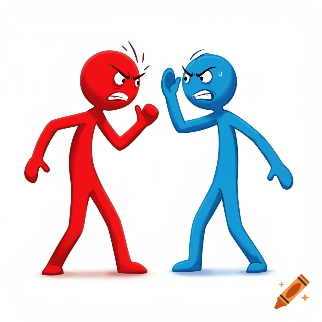 Two cartoon stick figures, one red and one blue, angrily arguing. on ...