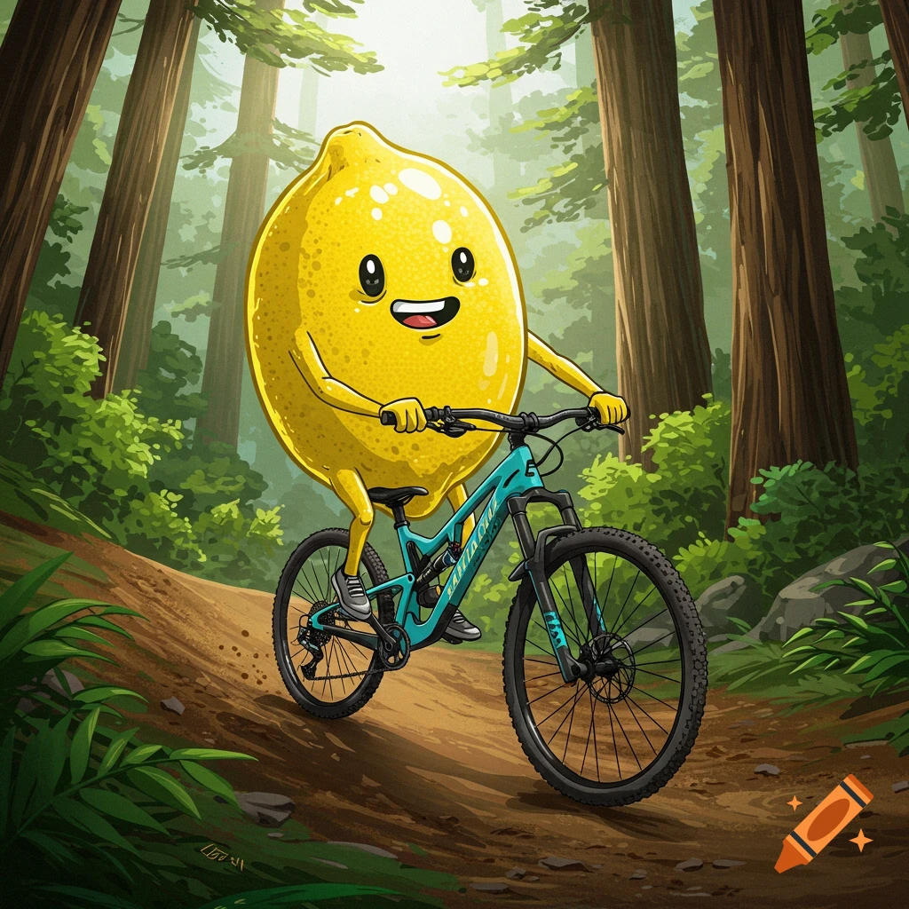 A cartoon lemon rides a blue mountain bike on a dirt trail through a ...