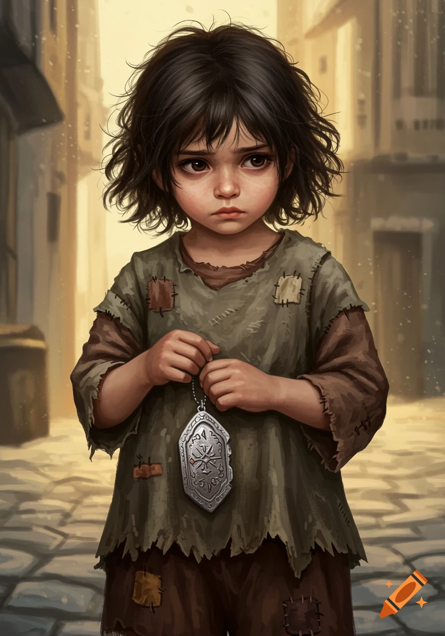 A sad young girl in ragged clothes holds a silver amulet in a street ...