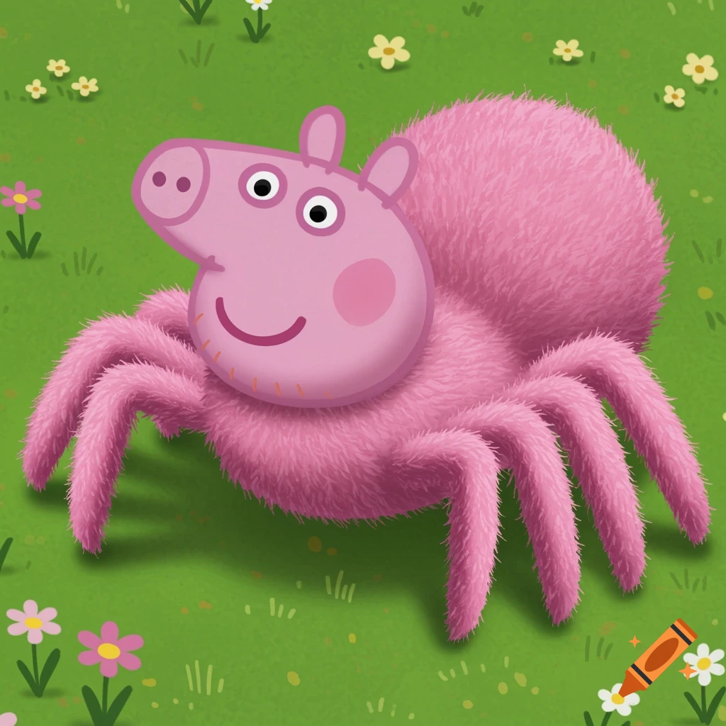 A creature with Peppa Pig's head and a pink, furry spider body stands ...