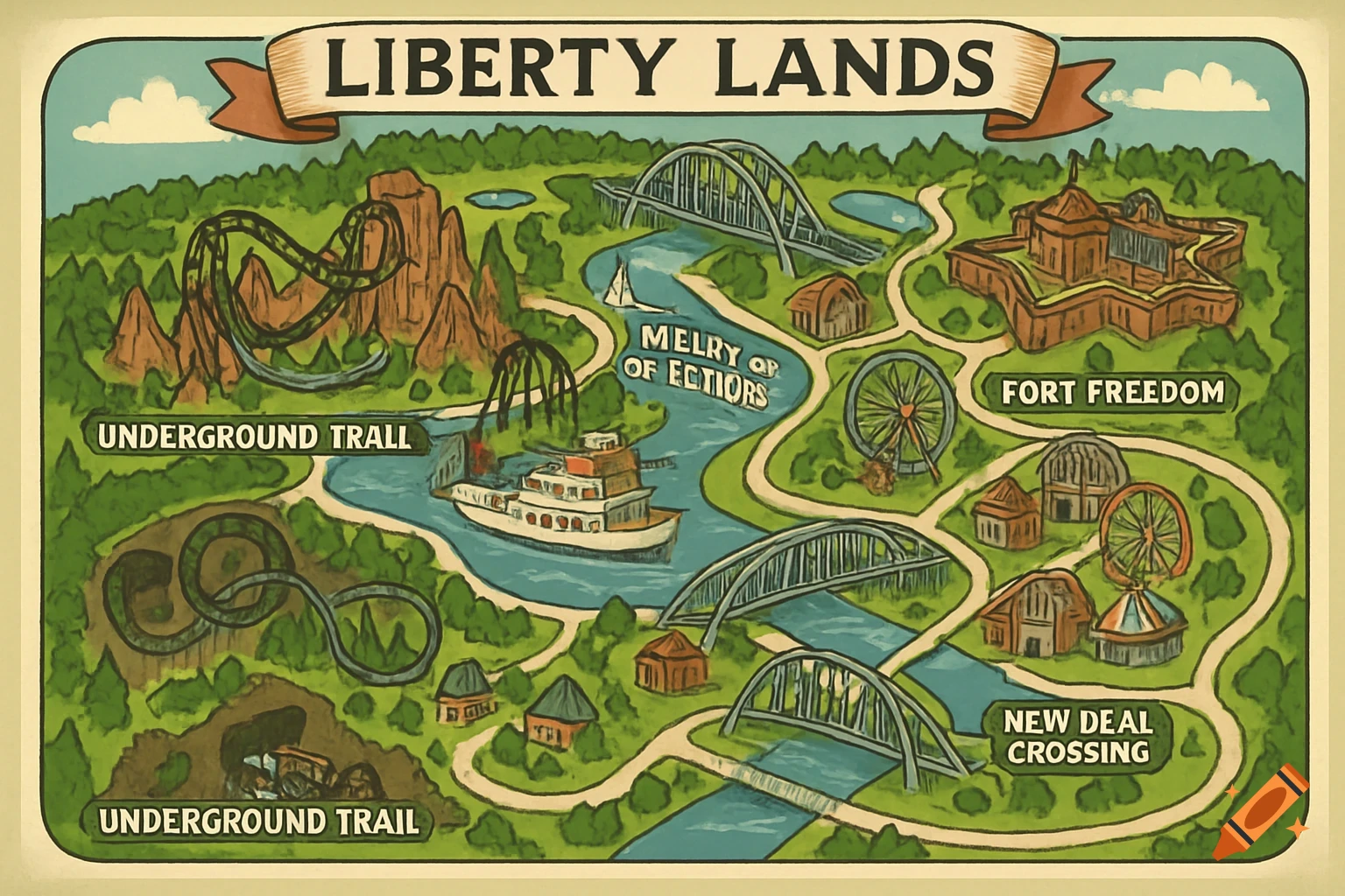 Illustrated map of Liberty Lands amusement park with rides, buildings ...
