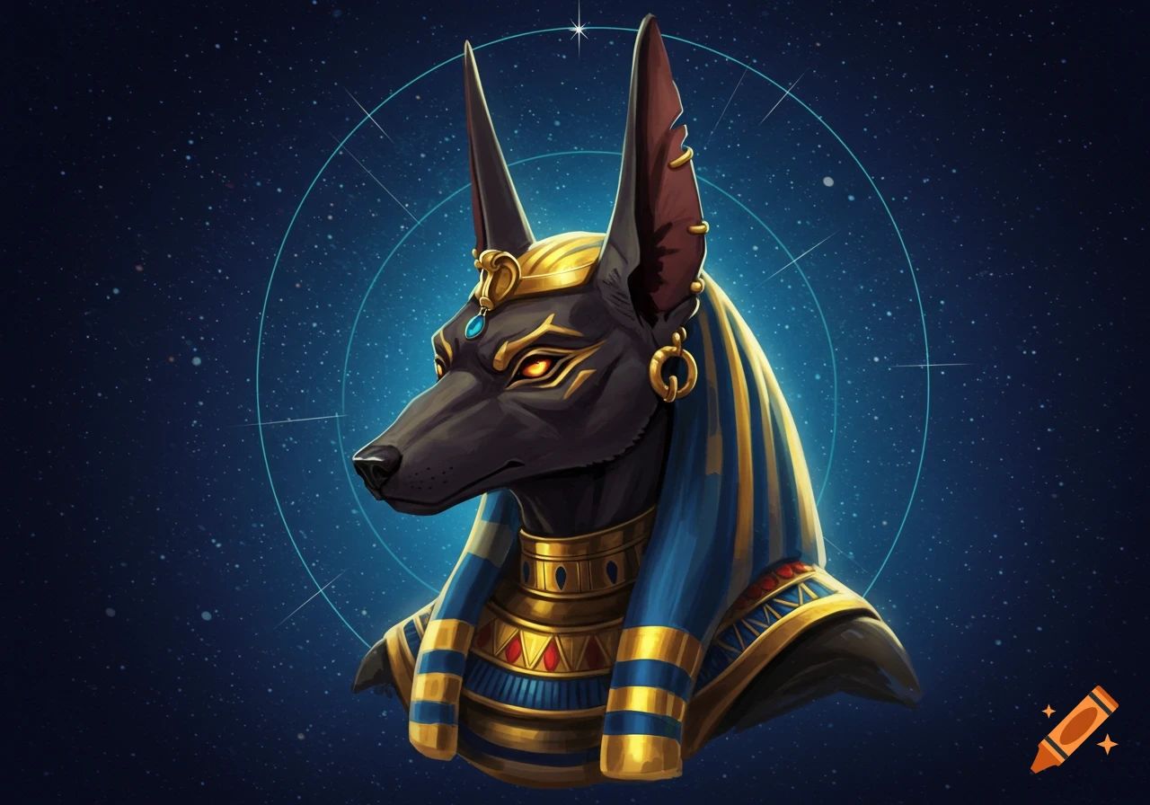 Portrait of Anubis with a jackal head wearing an Egyptian headdress ...