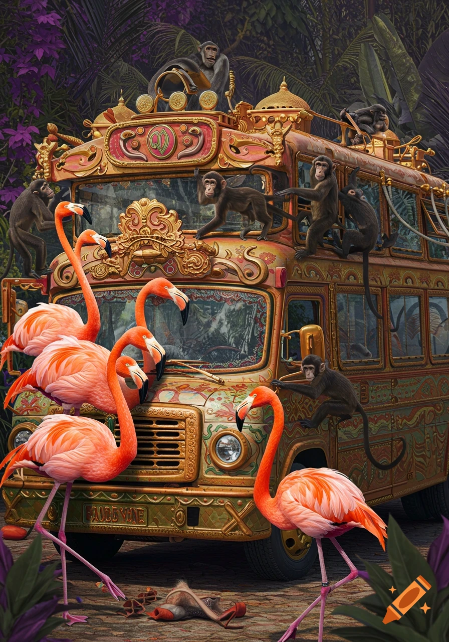 Realistic flamingos and monkeys on and around a decorative bus in a ...