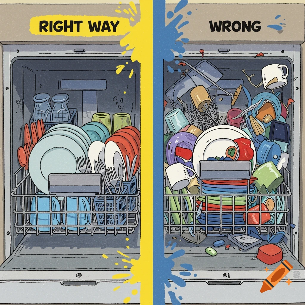 Illustration comparing the right way and wrong way to load a dishwasher ...