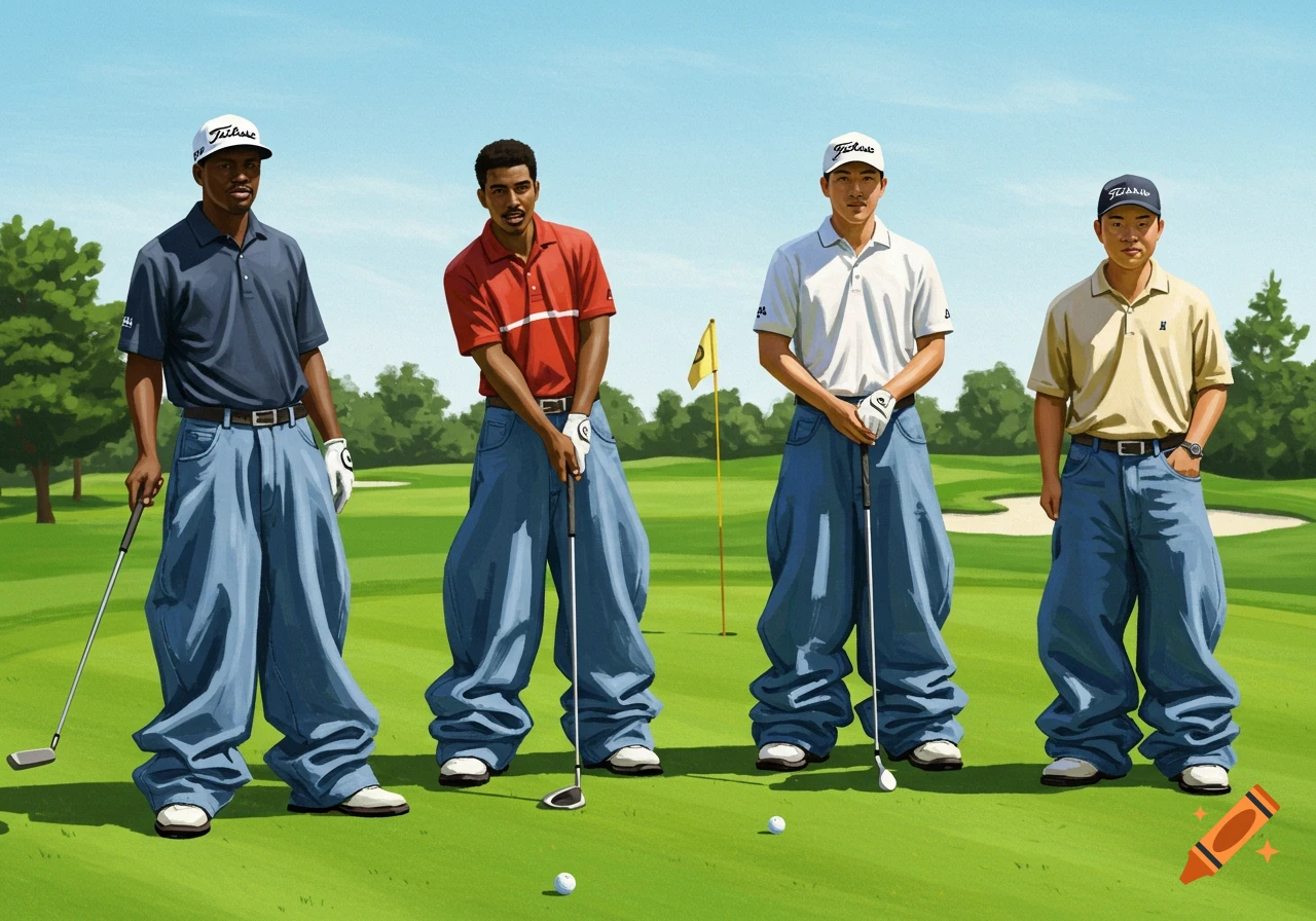 An illustration of four diverse golfers wearing very baggy jeans and ...