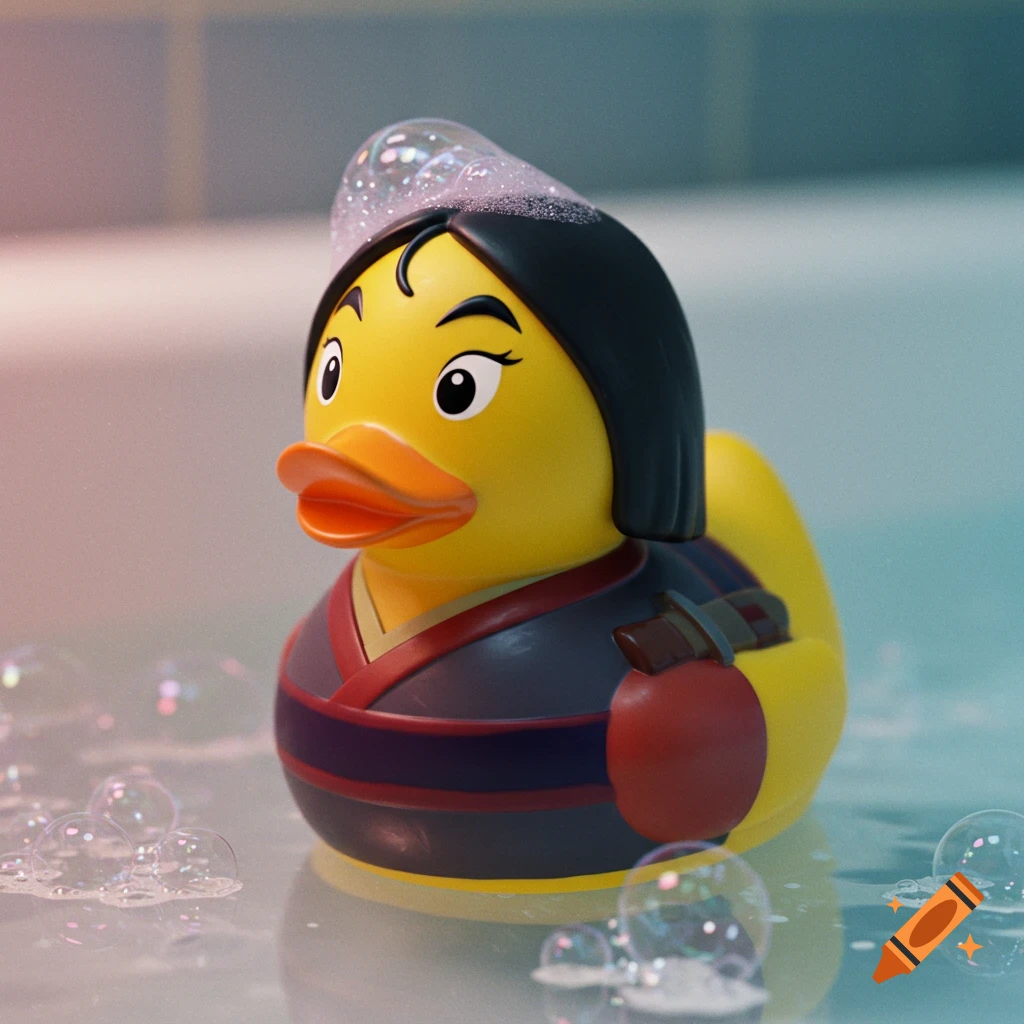 A rubber duck dressed as Mulan floats in a bath with bubbles. on Craiyon