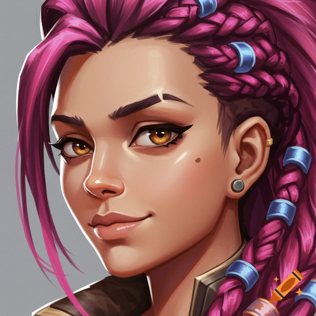 Stylized close-up portrait of a woman with pink braided hair and ...