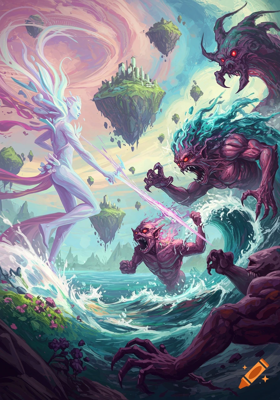 A surreal fantasy illustration of a light figure battling dark monsters ...
