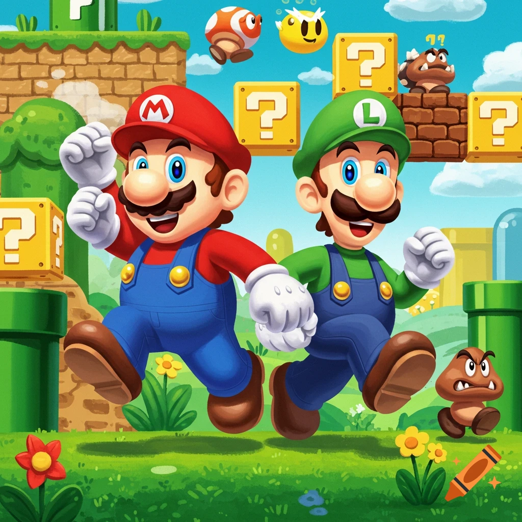 Mario and Luigi running through a Super Mario level with question mark ...