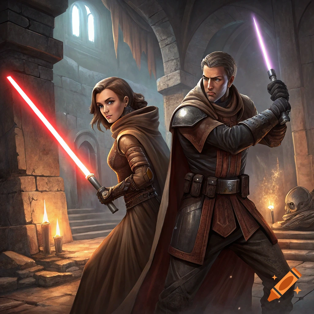 Two robed characters with lightsabers stand in a crumbling stone ruin ...