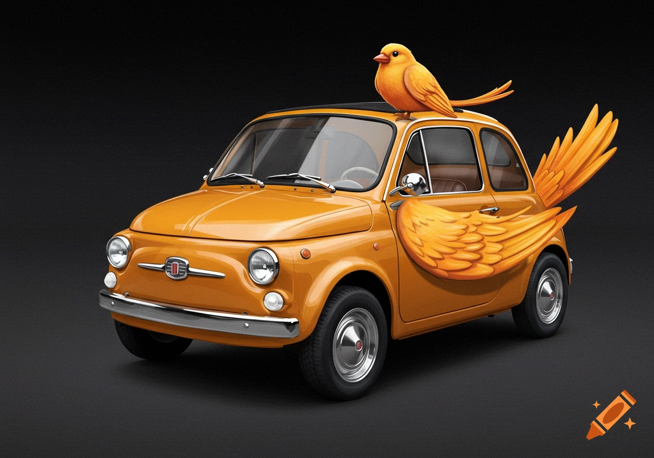 Orange classic Fiat 500 car with bird wings and a yellow bird on top on ...