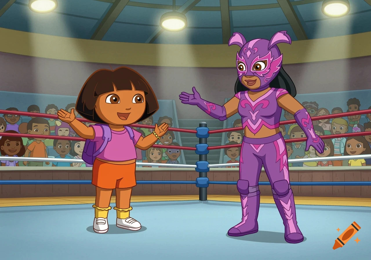 Dora the Explorer stands across from a masked female luchador in a ...