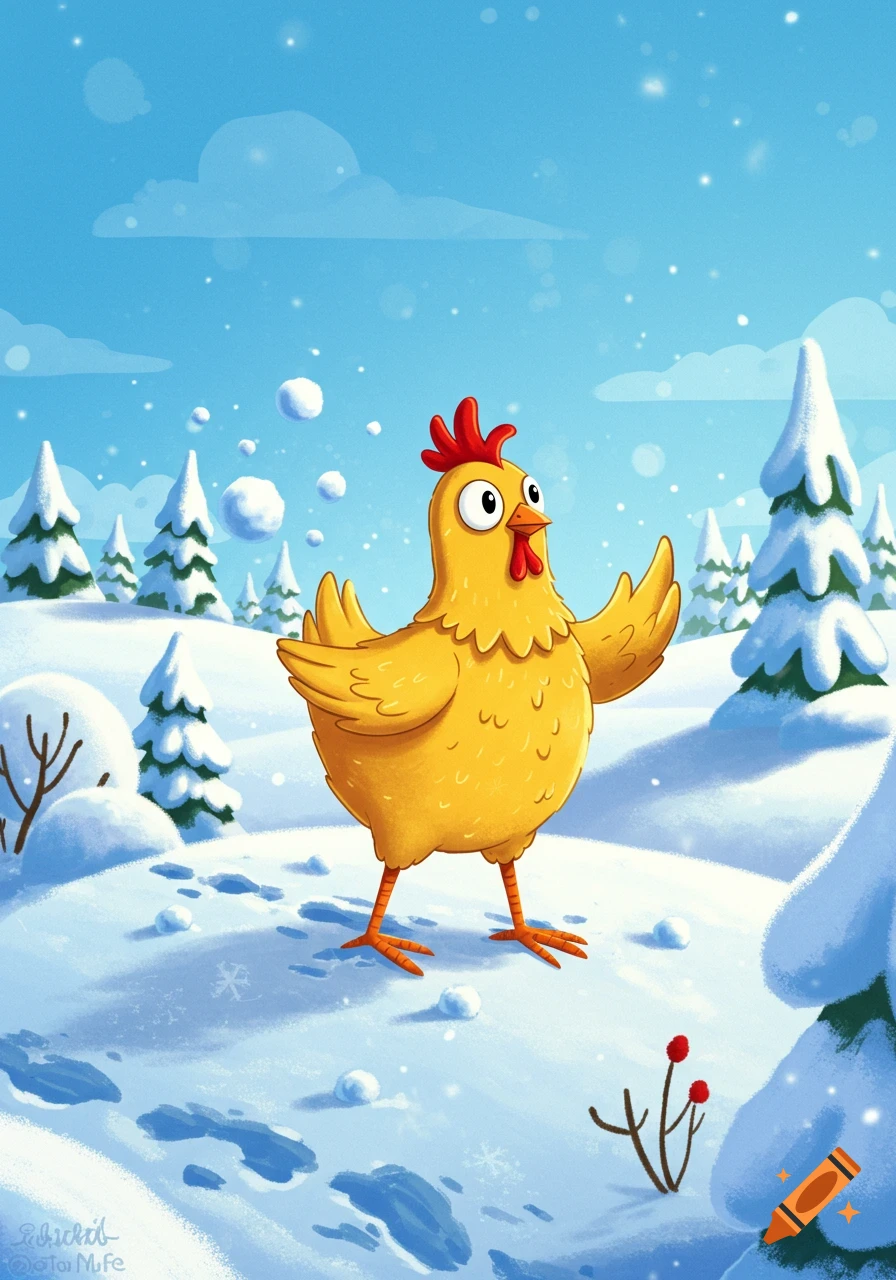A cartoon chicken stands in a snowy forest, throwing snowballs. on Craiyon