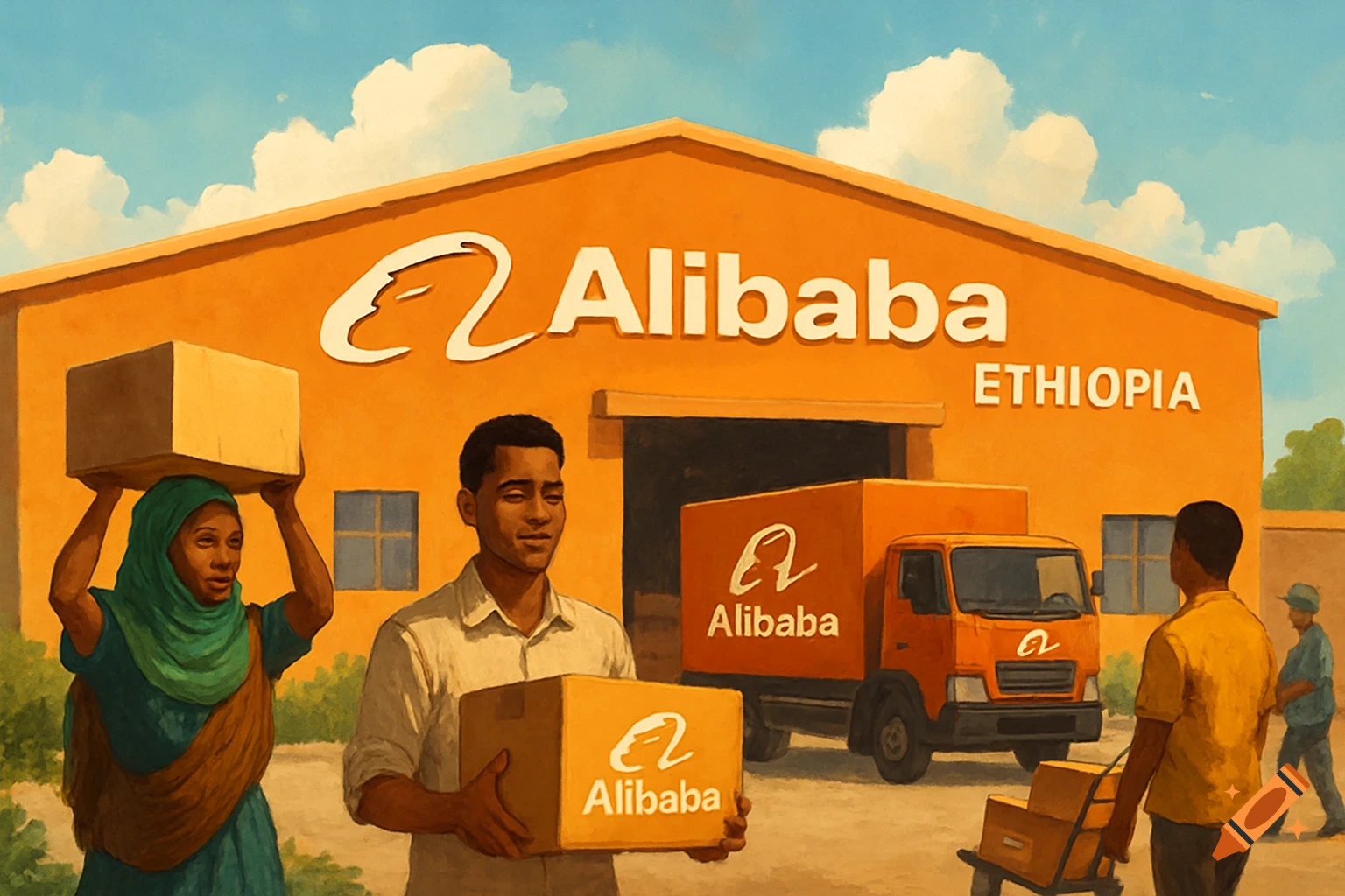 Illustration of people with boxes outside an Alibaba warehouse in ...