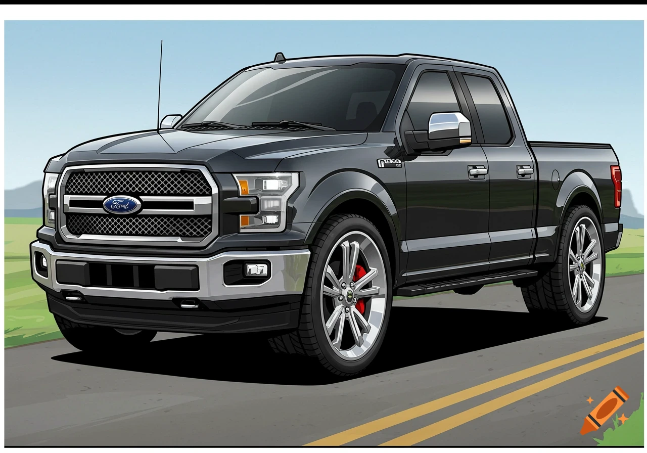 Cartoon drawing of a black Ford F-150 Platinum truck on a road. on Craiyon