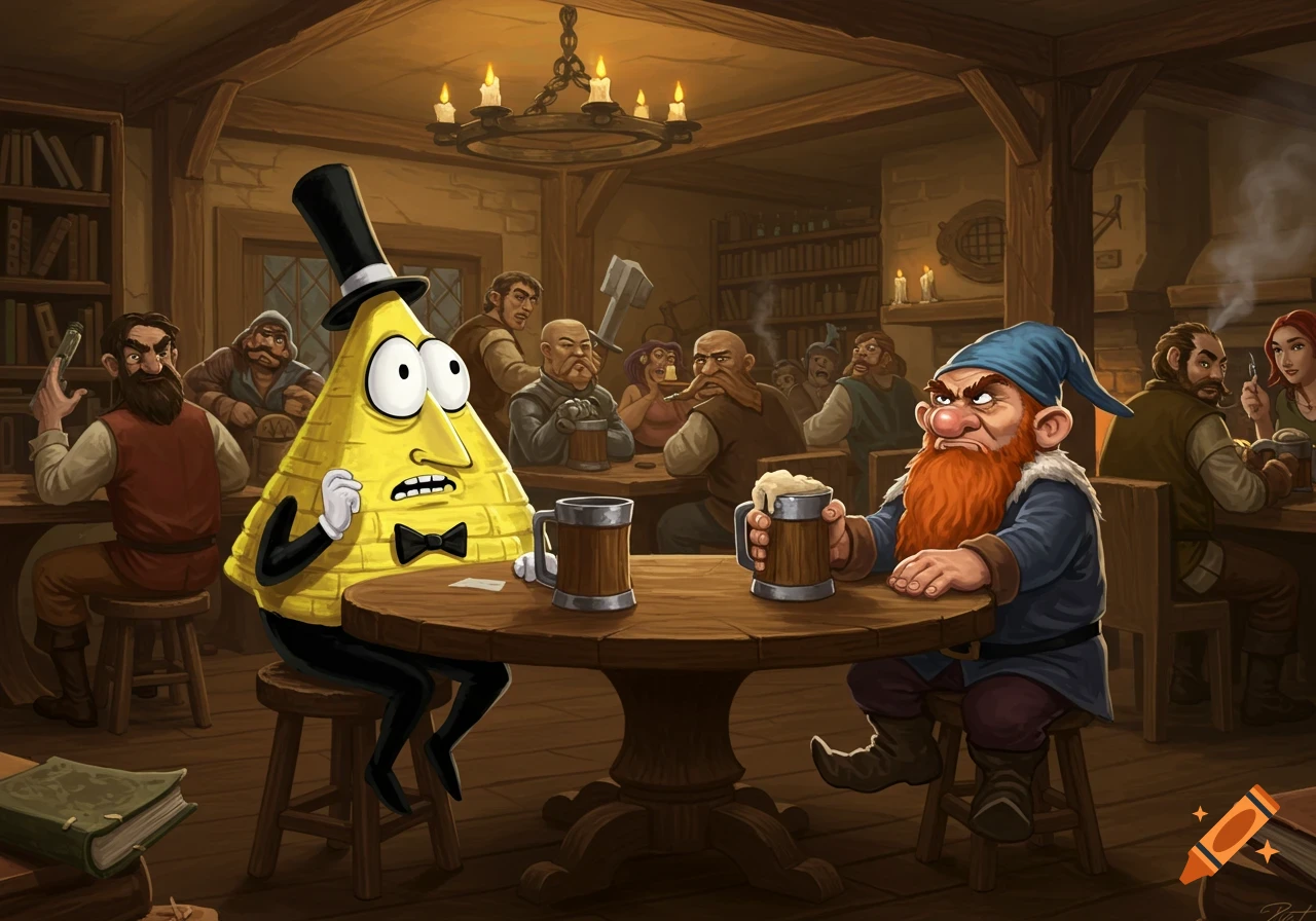 A yellow triangle character in a top hat sits with a grumpy dwarf at a ...