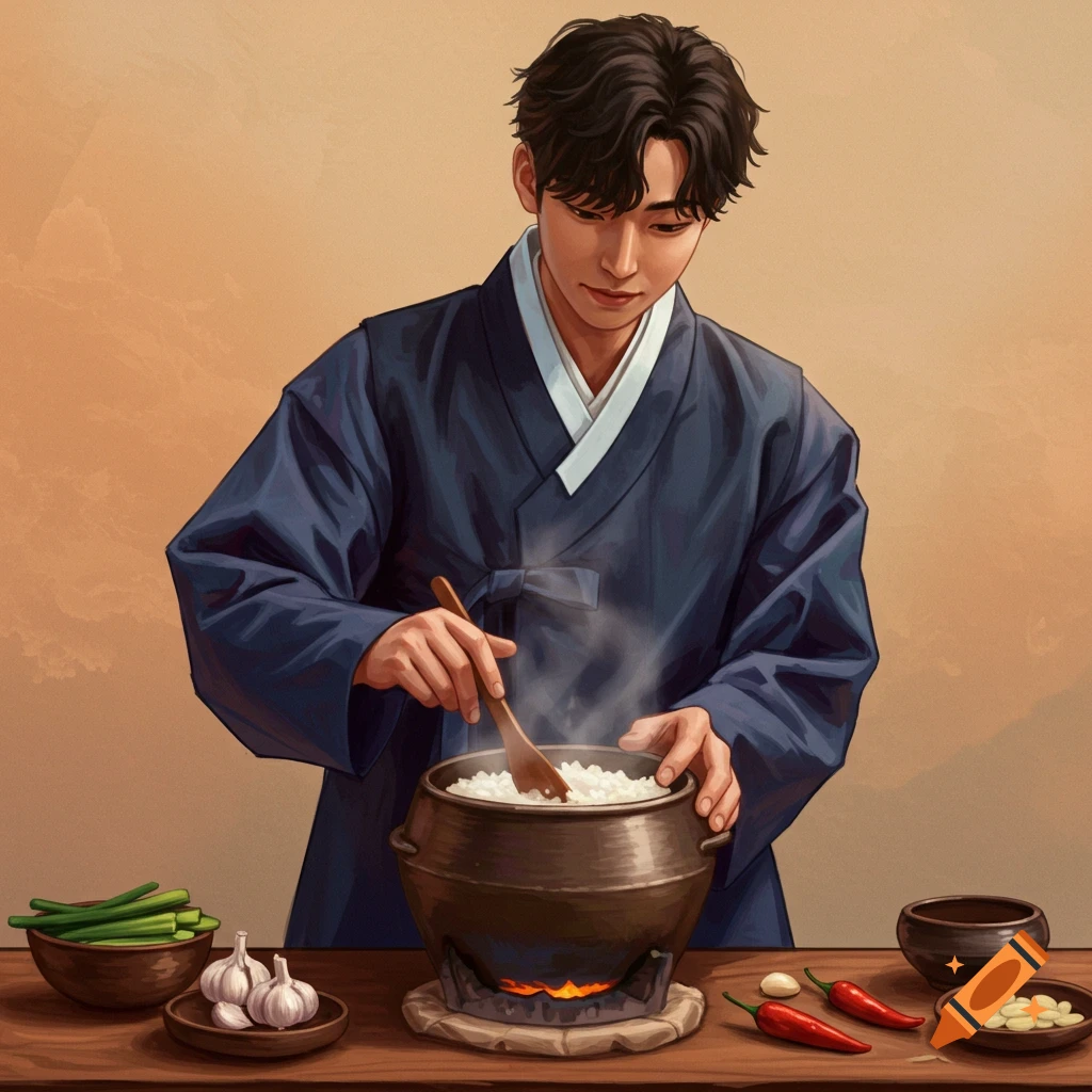 An illustration of a Korean man in a Hanbok cooking rice in a pot. on ...