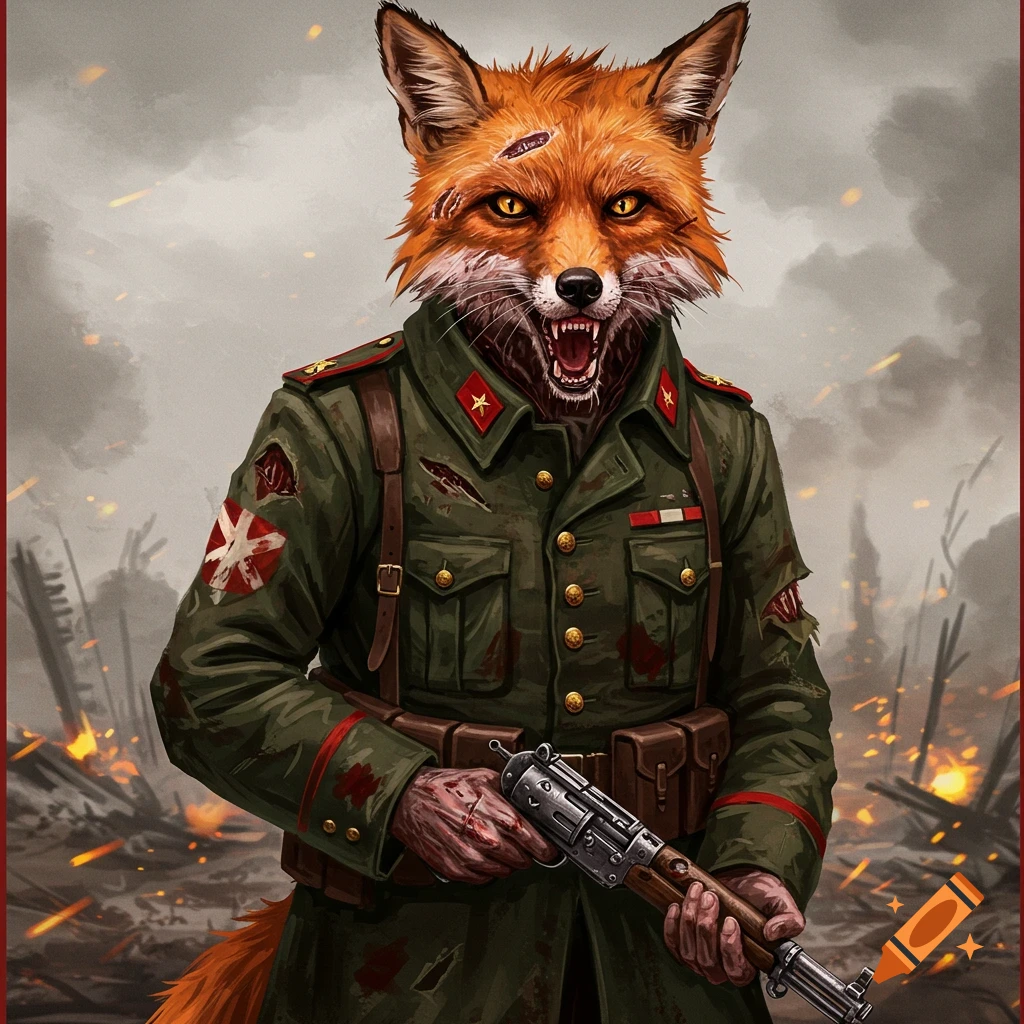 War torn anthropomorphic fox in military uniform with a rifle in a ...