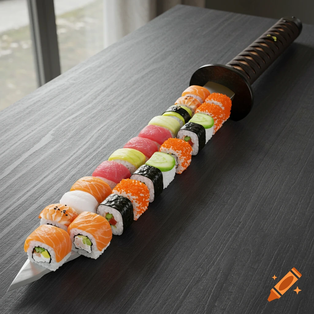 A katana sword with a blade made out of assorted sushi pieces. on Craiyon