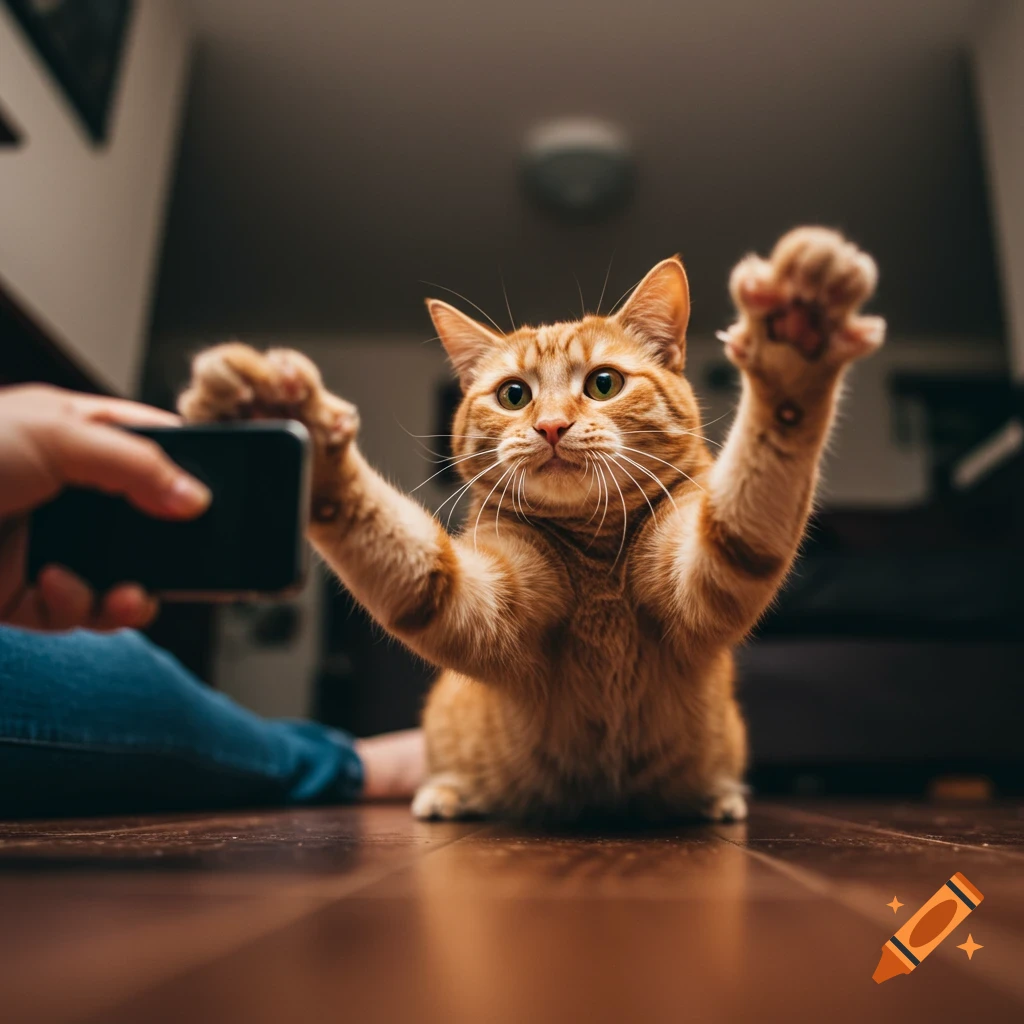 Orange cat holds up a phone as if taking a selfie, paws extended. on Craiyon