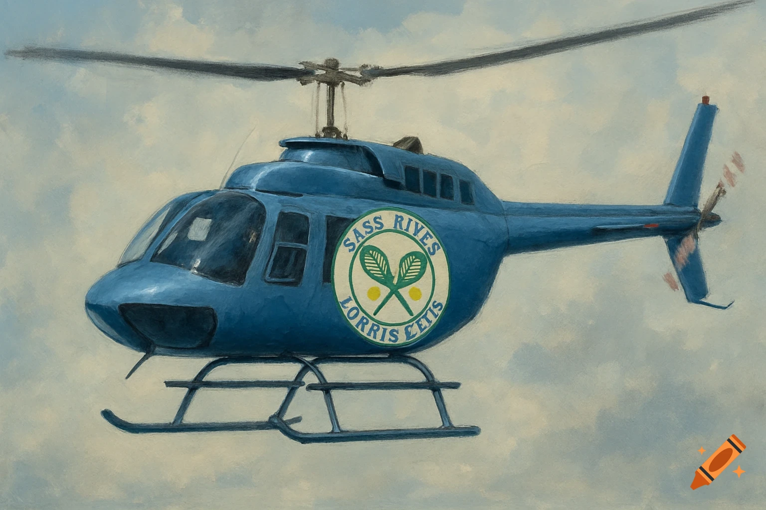 Painting of a blue helicopter with a tennis logo flying in a cloudy sky ...