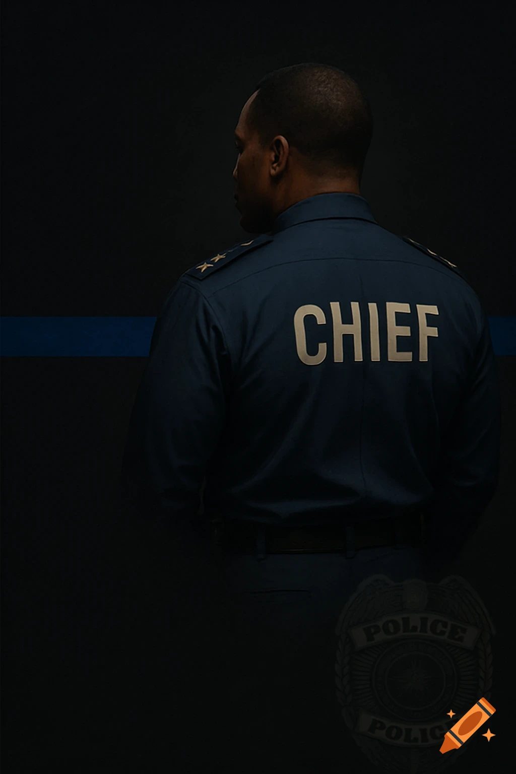 An African American man in a police chief uniform, seen from behind ...