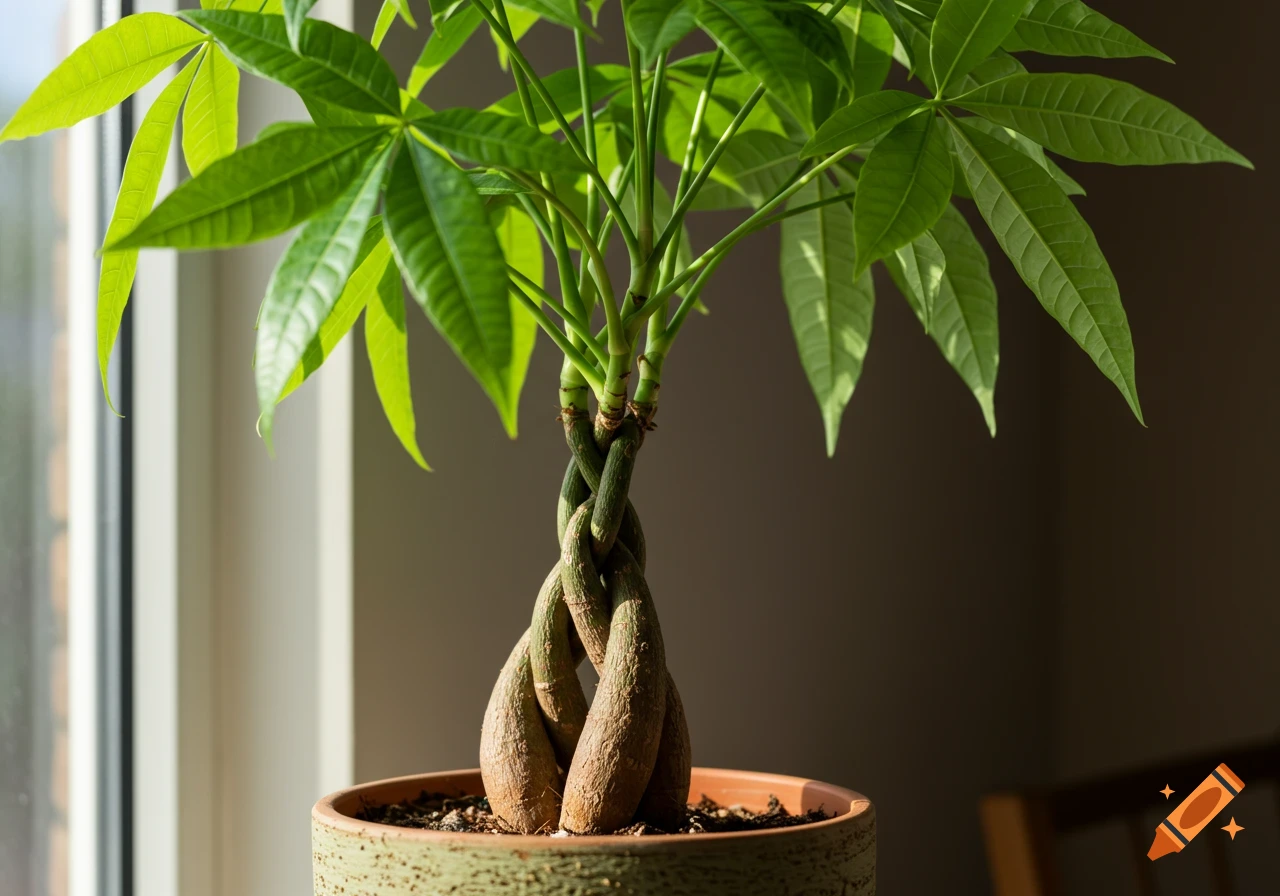 Money tree plant in a pot bathed in sunlight near a window. on Craiyon