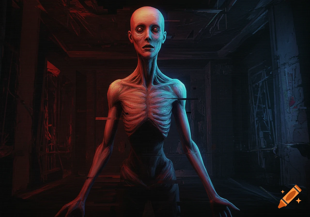 Gaunt creature with exposed ribs in dark glitchy room with red and blue ...