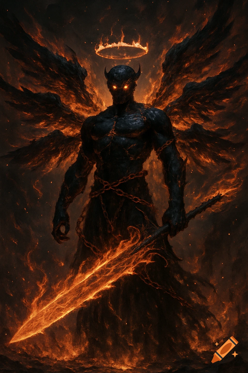 Dark fantasy figure with horns, glowing eyes, fire wings, fire halo ...
