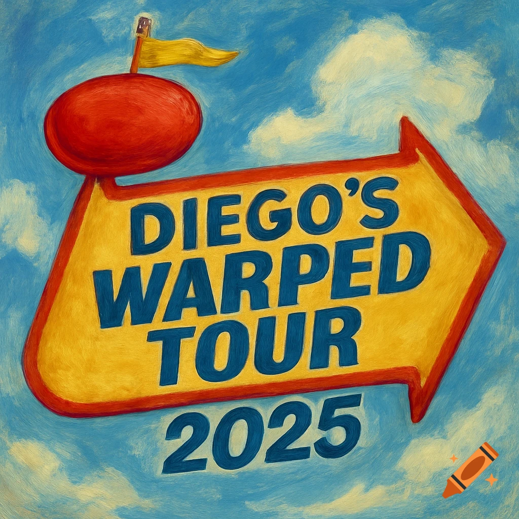 A painted sign reading 'Diego's Warped Tour 2025' against a blue sky ...