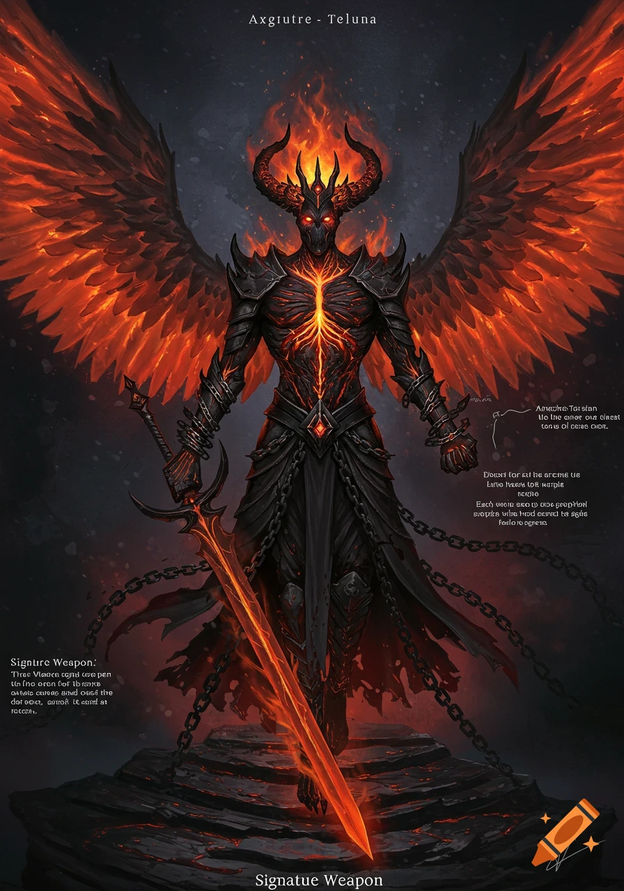 Dark fantasy digital art of a demonic figure with fiery wings and a ...