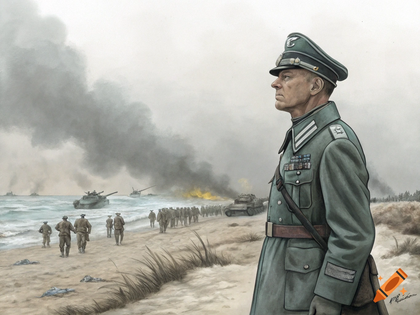 Drawing of a German officer standing on a beach watching a military ...