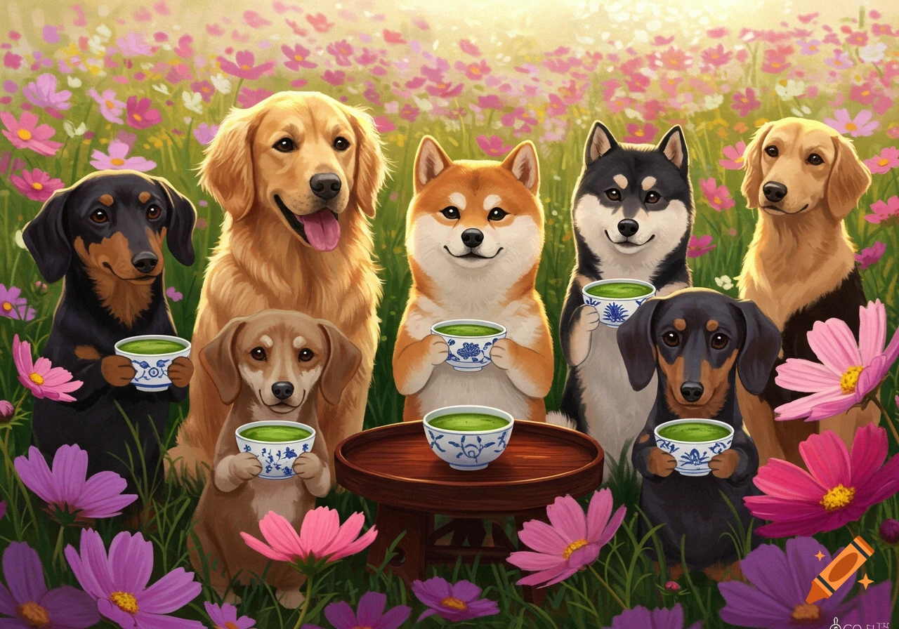 Group of various dog breeds drinking matcha in a sunny field of pink ...