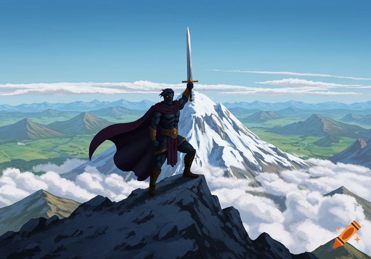 A heroic figure stands atop a snowy mountain peak, holding a sword ...