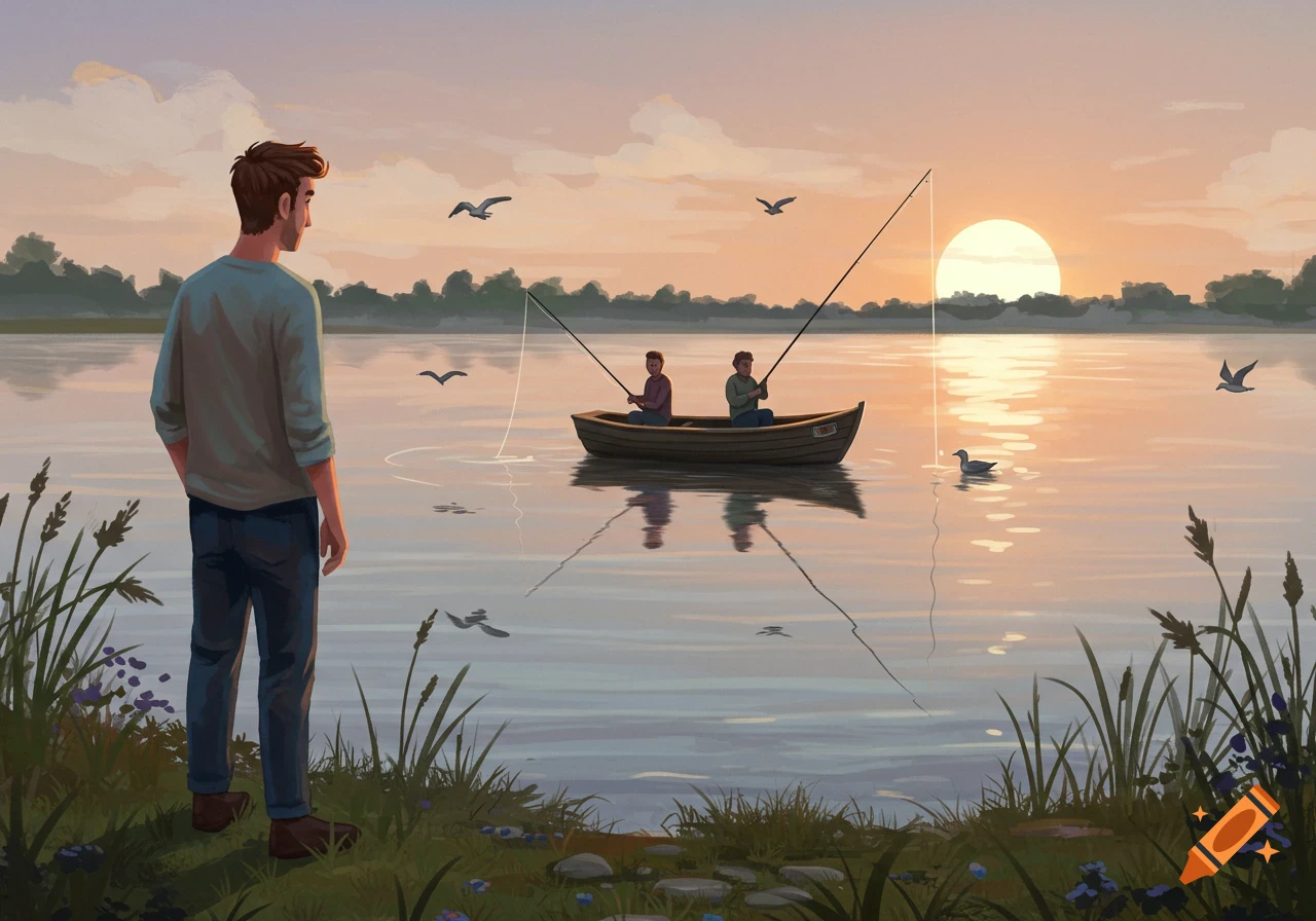 Man watches two people fishing from a boat on a lake at sunset ...