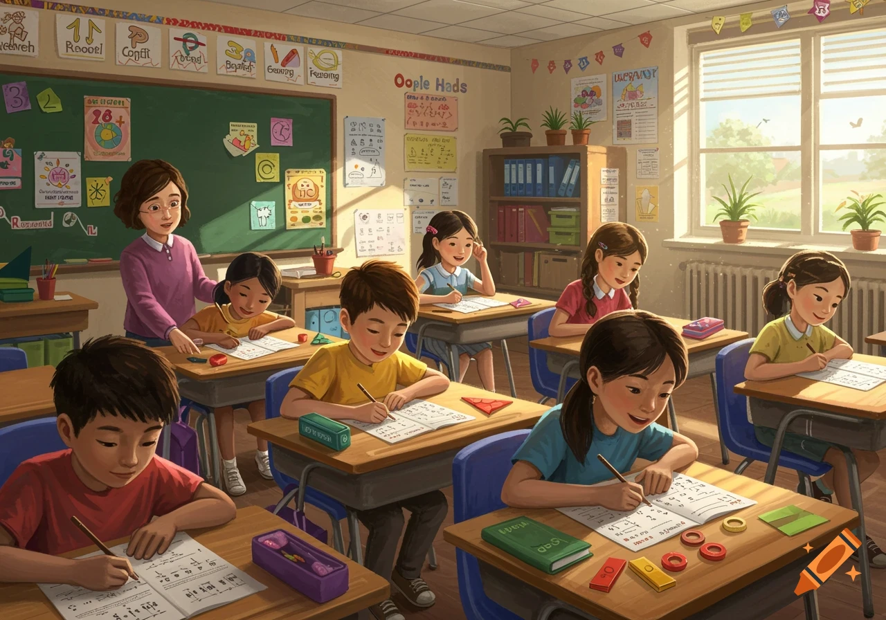 Illustration of a busy third grade math class with students writing at ...