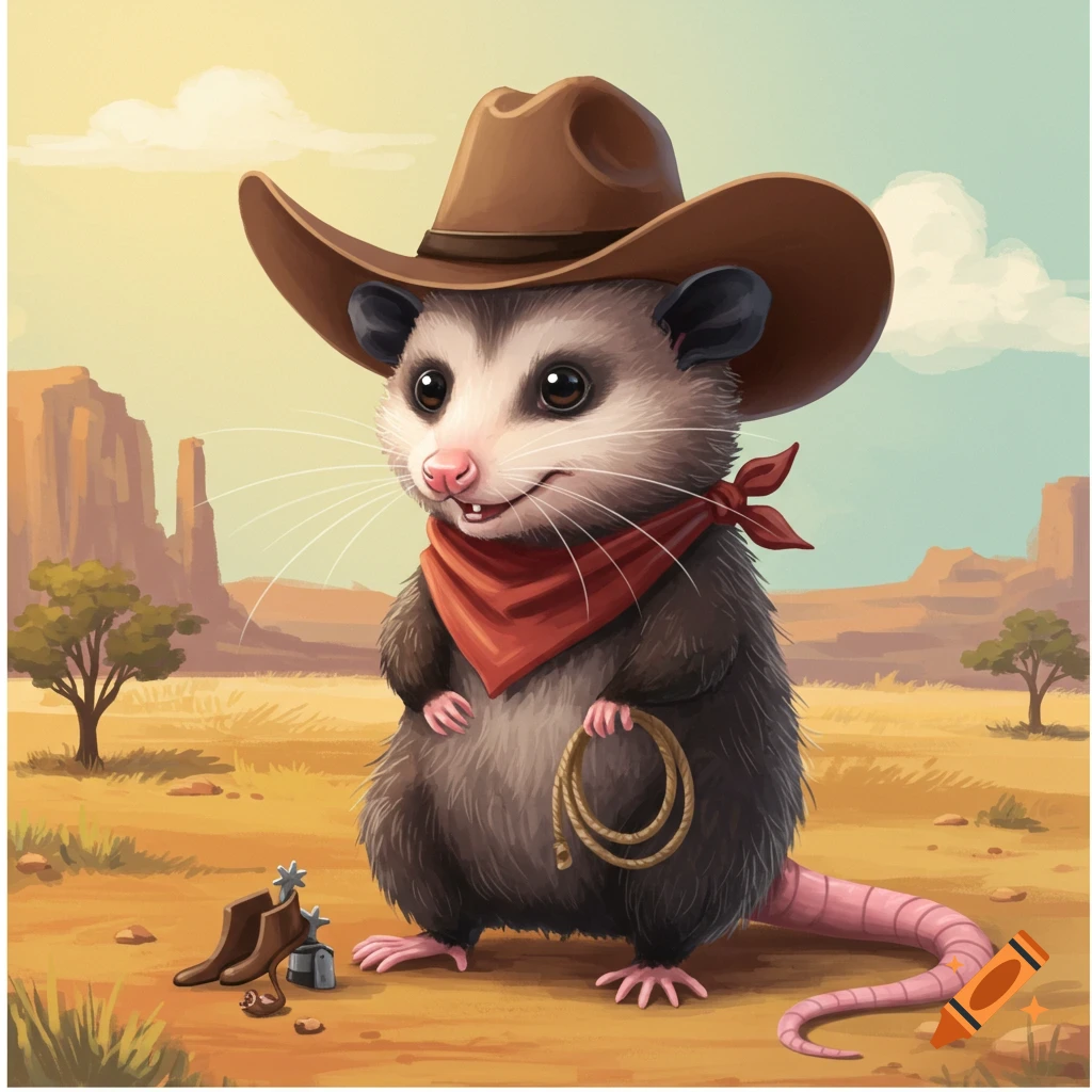 A cute possum wearing a cowboy hat and red bandana stands in a desert ...