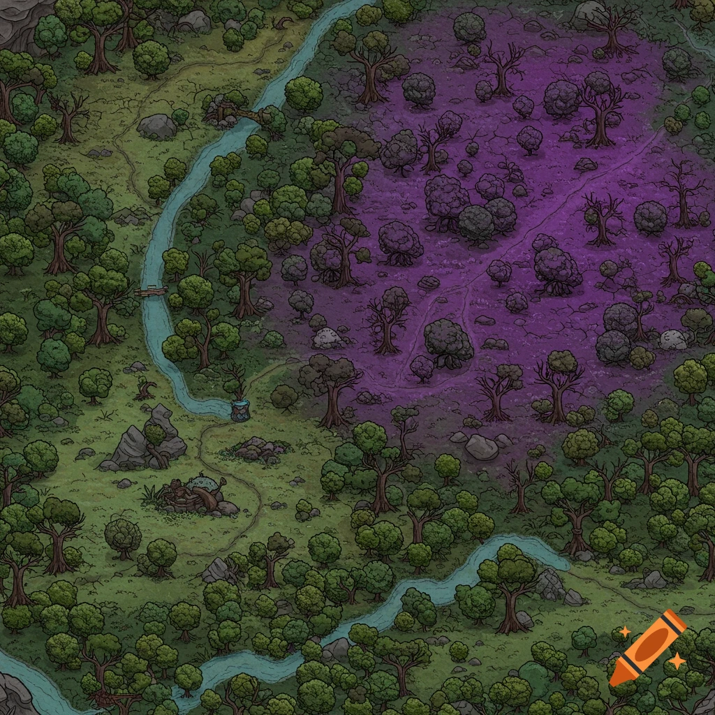 Top-down fantasy map of a forest with a river, path, and a large area ...
