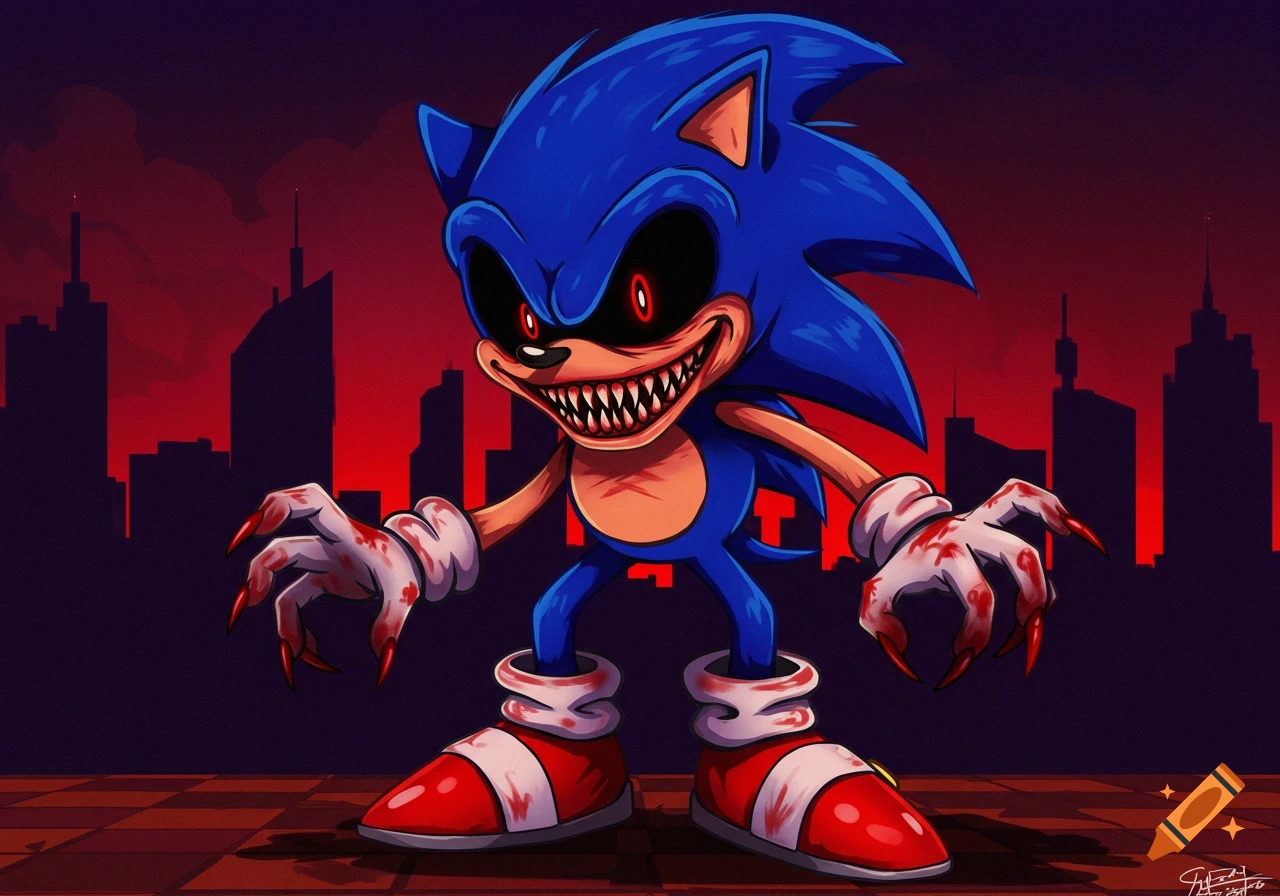 Creepy Sonic.exe with sharp teeth and bloody claws stands before a dark ...