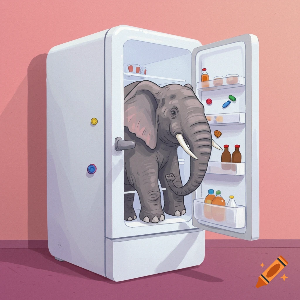 Illustration of an elephant crammed inside an open refrigerator. on Craiyon