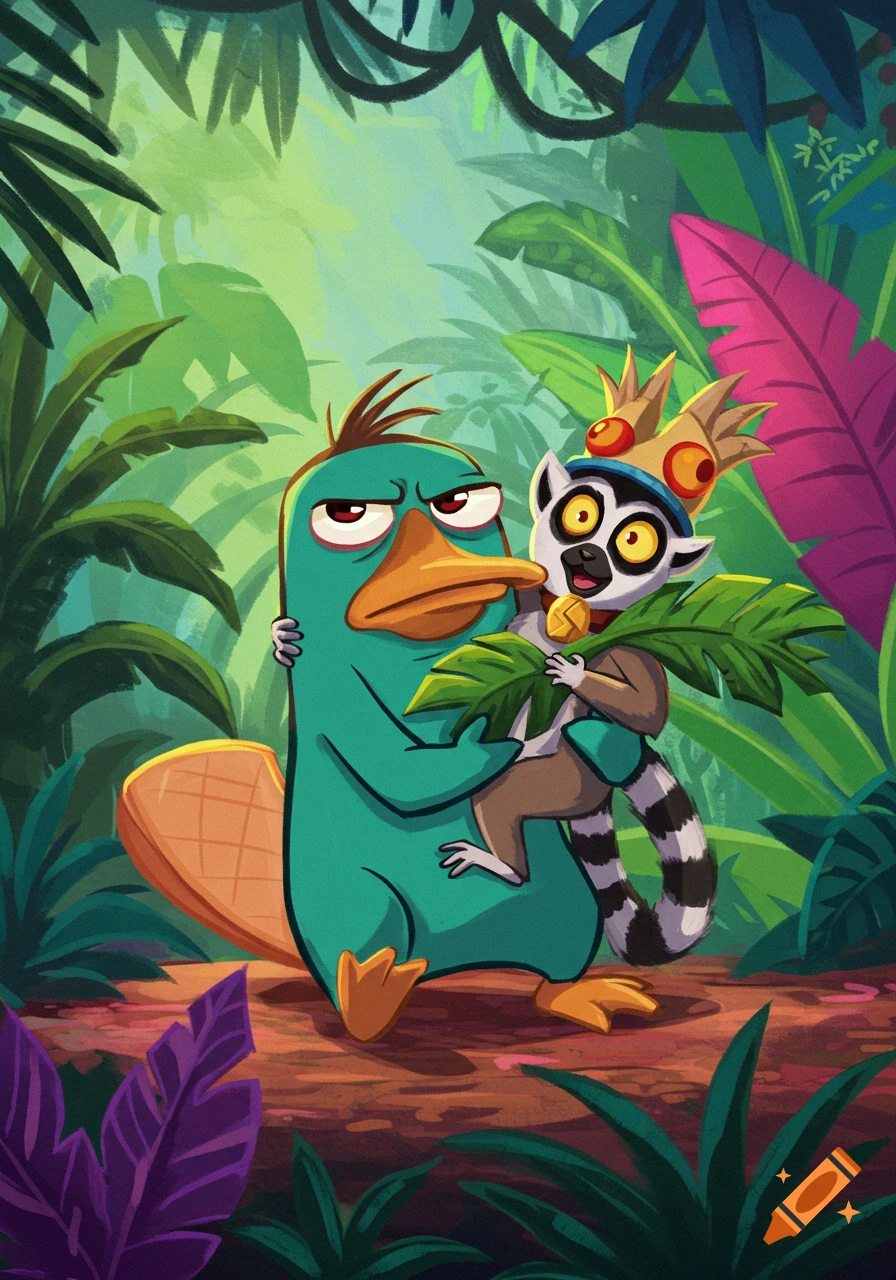 Cartoon illustration of Perry the Platypus holding King Julien in a ...