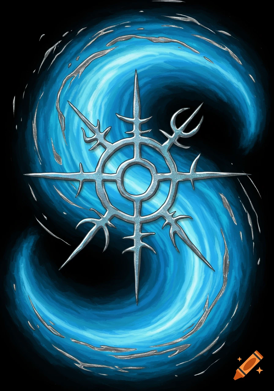 Silver symbol resembling a star or snowflake in a swirling blue vortex ...