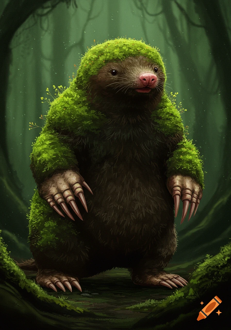 A moss-covered mole creature stands in a dark forest clearing. on Craiyon